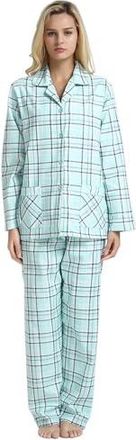 Global Femme Pyjama Flanelle Manches Long |Ensembles de Pyjama Coton |Chemises de Nuit Bouton | Chaleureux Vêtements de Nuit Confortable |Carreaux Verts XXL
