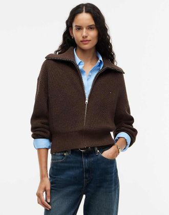 Tommy Hilfiger Strickpullover mit Cardigan-Strick und Rei&szlig;verschluss in meliertem ger&ouml;stetem Muskat-Braun