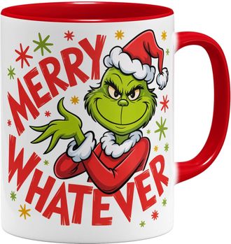 OM3 lustige Merry Whatever Christmas Kaffee-Tasse mit Spruch - freche Weihnachtstasse Weihnachten - Keramik Becher - 325ml - Beidseitig Bedruckt - Rot