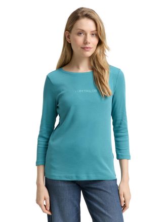 Tom Tailor Damen 1048941 Slim Fit Langarmshirt mit Glitzer-Logo, 31666-Tropical Teal, M