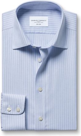 CHARLES TYRWHITT B&uuml;gelfreies Twill-Hemd mit Fischgr&auml;tmuster und Streifen - Blau Knopfmanschette