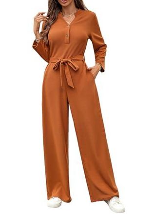 Onsoyours Femme Combinaison Casual Loose Salopette &Eacute;l&eacute;gant Manches Longues Boutonn&eacute; Playsuit Taille Haute Jumpsuit Avec Poche Ceinture A Marron XL