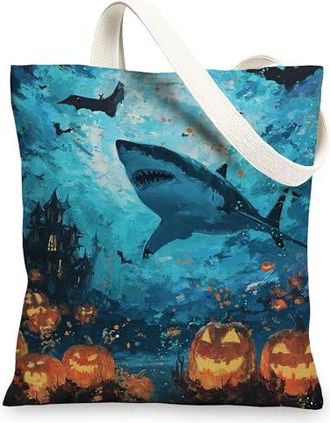 Generic Sac fourre-tout en toile motif requin, motif créature océanique, sacs dépicerie, sacs dépicerie respectueux de lenvironnement, style dHalloween, léger
