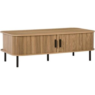 Beliani Table Basse Retro MDF Pieds M&eacute;talliques Porte Coulissante Bois Clair Bradley