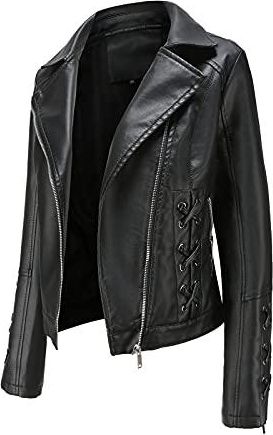 Generic Vestes pour femmes 2026 Manteau artificiel &agrave; revers fermeture &eacute;clair bandage court mode v&ecirc;tements dext&eacute;rieur motard moto veste mince, Noir, XXL