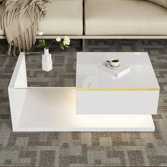 Generic Couchtisch mit LED-Beleuchtung, dimmbar, Glasoberfl&auml;che, Stauraum mit Aufbewahrungsfach und offenen Ablagen, Stabiler Spanplatten-Unterbau, ideal f&uuml;r 