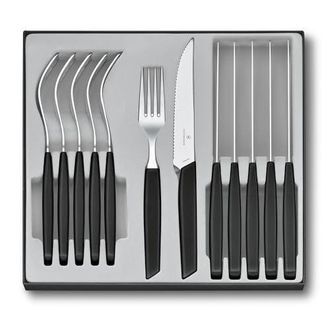 Victorinox by Swiss Army Swiss Modern Besteck-Set für 6 Personen, 12-teilig, inkl. scharfe Steakmesser mit Wellenschliff, Kunststoffgriffe, Schwarz