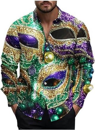 Generic Costume de carnaval pour homme - Chemise &agrave; manches longues - Chemise d&eacute;contract&eacute;e &agrave; manches longues - Imprim&eacute; masque - Chemise d&eacute;t&eacute; respirante - Chemi