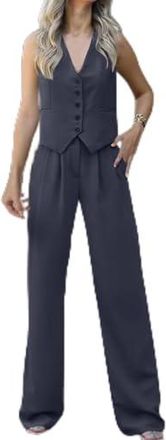 Generic Tenue décontractée 2 pièces pour femmes, gilet sans manches à boutons, chemise, pantalon droit à jambes larges avec poches (Dark Gray, XXL)