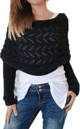 Generic Écharpe en tricot, châle pour femme, écharpe tricotée, écharpe à manches, écharpe pull avec manches, pull enveloppant pour femme (Black)