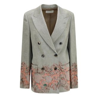 Dries Van Noten Zweireihiger Blazer aus Leinen-Baumwoll-Mischgewebe mit Stickerei - - Jackets - Damen - Grau - M