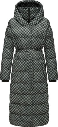 Ragwear Damen Wintermantel Warmer atmungsaktiver und wasserdichter Steppmantel lang mit angesagtem Hahnentritt Muster mit Kapuze Niara Long Print YOUMODO Dust