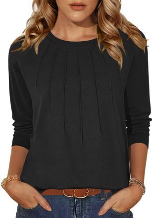 Zeagoo Langarmshirt Damen Rundhals T-Shirts Einfarbig Casual Oberteile Herbst und Winter Falten Bluse Tops Langarm Basic Tee Schwarz XL