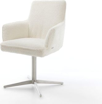 DELIFE Drehstuhl Heira-Flex mit Armlehnen Bouclé Weiß Fußkreuz Edelstahl 360° drehbar Taschenfederkern, Esszimmerstühle
