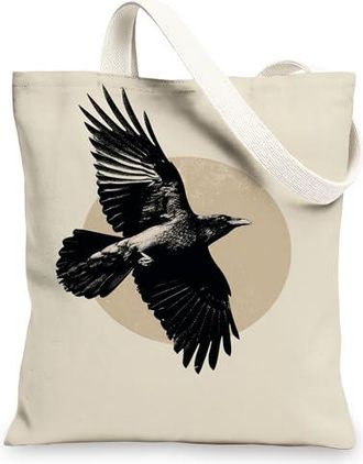 Generic Sac fourre-tout en toile motif oiseau artistique, sacs de courses réutilisables, minimaliste, noir, blanc, léger, lavable, beige, 13x15 Inch