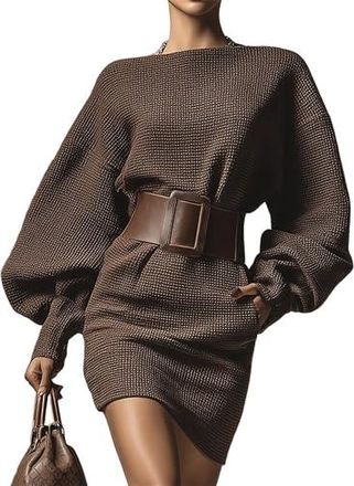 Generic Mini robe oversize en tricot gaufr&eacute; &agrave; manches longues chauve-souris, taille haute, robe moulante &eacute;l&eacute;gante avec ceinture pour femme, marron, XXL