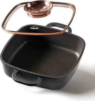 STONELINE Po&ecirc;le &agrave; Servir carr&eacute;e 20x20 cm, avec Couvercle Aromatique, Compatible &agrave; linduction et au Four, Rev&ecirc;tement Antiadh&eacute;sif avec de vraies particules de pie