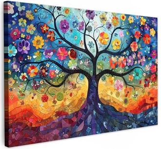 MuchoWow © Impression sur Toile Peinture 120x80 cm Tableau Mural Decoration Salon Reproductions de Tableaux Murale Moderne Art - Arbre de vie - Fleurs - Hippie