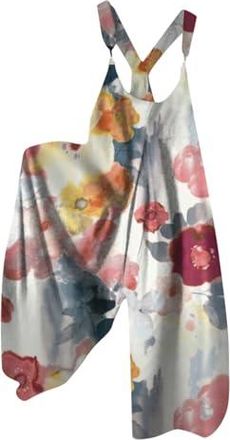 Generic Salopette pour Femme Boh&egrave;me Motif Fleurs en Coton et Lin Fluide Ample Jambes Larges Bretelles R&eacute;glables D&eacute;contract&eacute;e l&eacute;gant Tendance