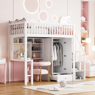 Myboo Hochbett Kinderbett 90&times;200 mit Kleiderschrank, Schreibtisch und Stauraum Treppe, Funktionsbett Jugendhochbett Doppelbett Etagenbett, Holzbett mit Raus