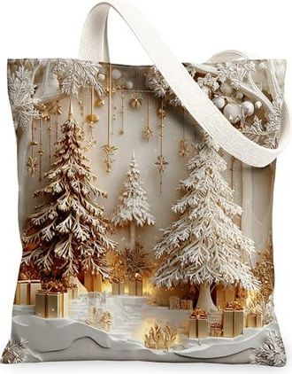 Generic Sacs fourre-tout en toile motif sapins de No&euml;l, sacs d&eacute;picerie r&eacute;utilisables, vintage, l&eacute;gers et lavables avec bandouli&egrave;re, dor&eacute;, 13x15 Inch