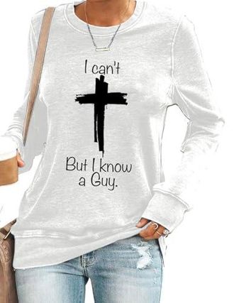 Generic T-shirt graphique &agrave; manches longues avec inscription &laquo; I Cant But I Know A Guy Cross &raquo; pour femme - Automne et hiver, Bleu Rose, XXL