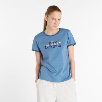 New Balance Femme Flower Ringer T-Shirt en Bleu, Coton, Taille XL