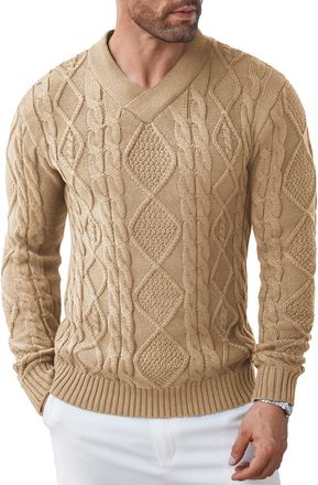 Coofandy Herrenpullover Winter Warmer V-Ausschnitt Pullover Modischer Zopfmuster-Herrenpullover Khaki XL