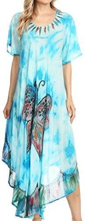 Sakkas 17256 - Robe d&eacute;t&eacute; Nalani Flowy Caftan Tie Dye Cover Up Relax Fit - Turq - OS