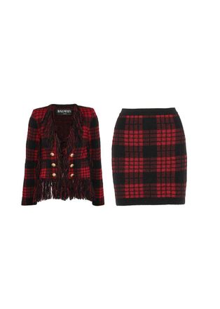 Balmain Red & Black Plaid Skirt & Jacket Size M