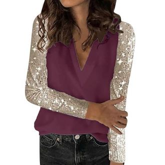 Generic Haut &agrave; paillettes pour femme - Haut scintillant &agrave; manches longues - Pull ample et confortable - D&eacute;contract&eacute; - Polyvalent - Haut de No&euml;l confortable - 