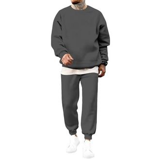 Generic Surv&ecirc;tement de sport 2 pi&egrave;ces pour homme, compos&eacute; dun sweat-shirt et dun pantalon de jogging pour homme, en coton m&eacute;lang&eacute;, avec col rond et taille &eacute;la