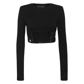 Philipp Plein Femme, Tops, Noir, Taille: 36 FR Top &agrave; Manches Longues avec Cristaux