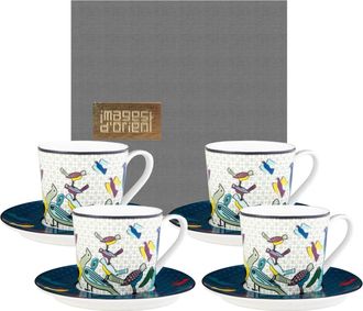 Images d'Orient Birds of Paradise 4-er Kaffee-Tassen-Set bunt mit Untertassen, Ø 8 cm, 7.5 cm hoch, 210 ml, Porzellan, orientalisches Design, inkl. Geschenk-Box
