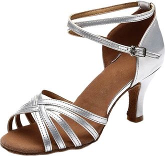 Minetom Damen Tanzschuhe Latein Salsa Tango Dance High Heels Schuhe Blockabsatz Weiche Sohle Party Hochzeit Pumps Abendschuhe A2 Silber 7 cm 37 EU