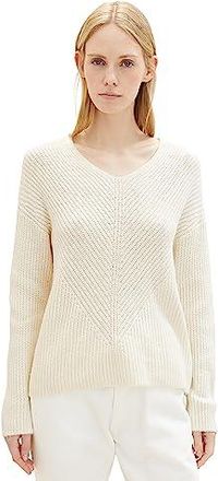 Tom Tailor 1039242 Pull Basique avec col en V, 10354-Beige Doux et Solide, M Femme