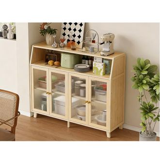 Generic Sideboard in Massivholzoptik mit halbtransparenten Glast&uuml;ren Offene Regalb&ouml;den + Schubladen Stauraum for das Esszimmer, Teeschrank und Wohnzimmer(Whit