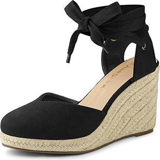 Allegra K Espadrilles &agrave; bout ferm&eacute; pour femmes Sandales compens&eacute;es &agrave; nouer Noir 37