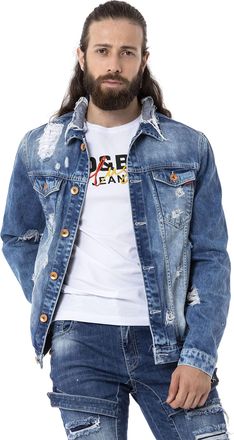 Cipo & Baxx Herren Jeansjacke CJ291 Blau - Stylische Denim Jacke im Used-Look mit Rissen, Knopfverschluss & Modernem Design - Modische &Uuml;bergangsjacke f&uuml;r Alltag, 