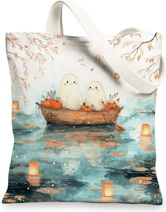 Generic Sacs fourre-tout en toile Ghostly - Réutilisables - Légers et lavables - Pour salle de sport, voyage, plage, pique-nique - 33 x 38 cm