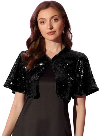 Allegra K Damen Bolero Pailletten Glitzer Shrug Party Crop Jacke Schwarz S
