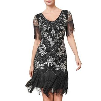 Generic Robe de soir&eacute;e &eacute;l&eacute;gante et formelle avec col, paillettes scintillantes et franges, robe de cocktail sans bretelles pour les occasions festives, argent