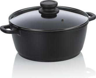 KELA Fleischtopf 24 cm mit Glasdeckel ATURA, Kochtopf groß 3,2 Liter, Topf Induktion, Aluguss keramisch beschichtet, PFAS frei, schwarz