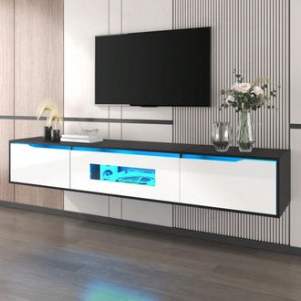 Generic TV-St&auml;nder mit niedrigem Wanddesign 180 cm. Helles schwarzes und wei&szlig;es Finish, mit farbwechselnden LED-B&auml;ndern und integrierten USB-Anschl&uuml;ssen