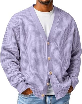 Generic Cardigan d&eacute;contract&eacute; et ample en tricot torsad&eacute; avec col en V et col en V pour homme, l&eacute;ger, violet, 4XL