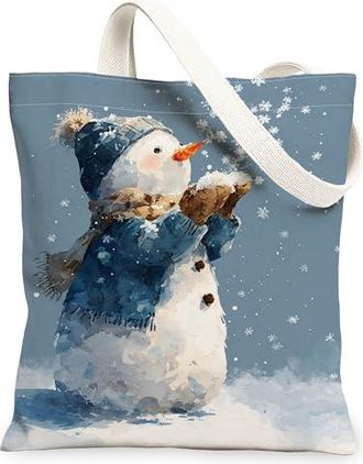 Generic Sacs fourre-tout en toile motif bonhomme de neige, sacs &agrave; provisions r&eacute;utilisables, design dhiver, toile l&eacute;g&egrave;re et lavable pour Tra, Bleu, 13x15 Inch