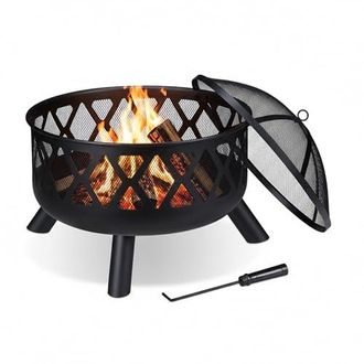 Relaxdays Feuerschale mit Funkenschutz, &Oslash; 62 cm, mit Sch&uuml;rhaken, Garten, Terrasse, Outdoor Feuerstelle, Stahl, schwarz