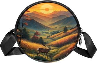 Generic Sac &agrave; bandouli&egrave;re Circle pour femme, petit sac &agrave; bandouli&egrave;re Art Mountain Deer avec fermeture &eacute;clair, bretelles r&eacute;glables, sac &agrave; main rond d&eacute;contract&eacute;