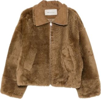 Ami Veste Aviateur en Peau Lain&eacute;e - Homme - Vestes - Beige - Taille: M
