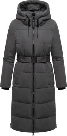 Navahoo Damen Langer Wintermantel warmer Steppmantel mit Kapuze und Tailleng&uuml;rtel Herbstnebel 14 Anthracite Gr. L